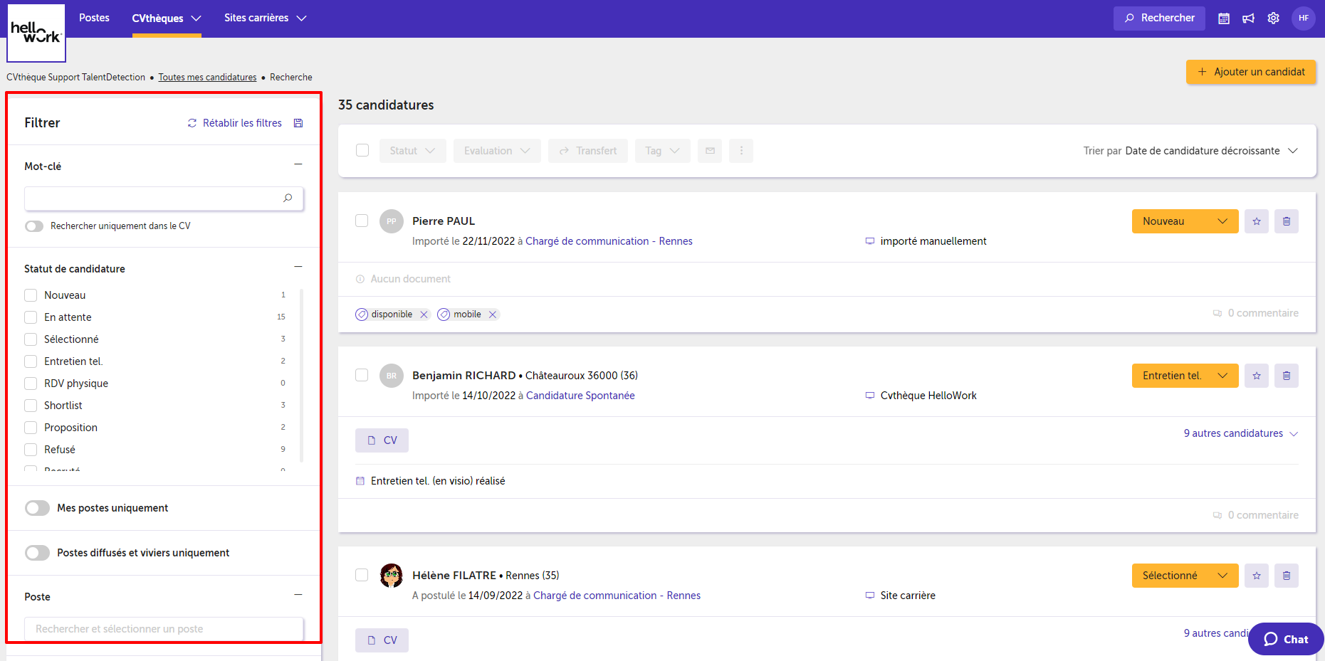 Filtrer mes candidats – Hellowork recruteur Aide