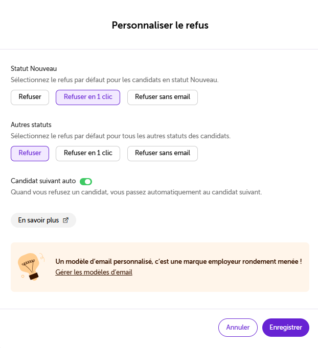 Refus en un clic – Hellowork recruteur Aide