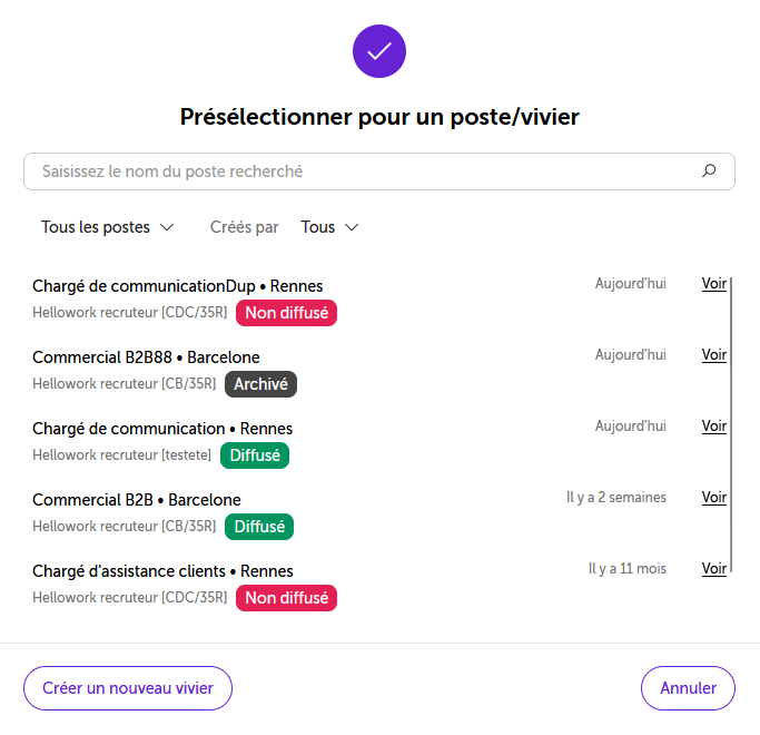 Enregistrer un profil depuis la CVthèque dans l'un de mes postes ...